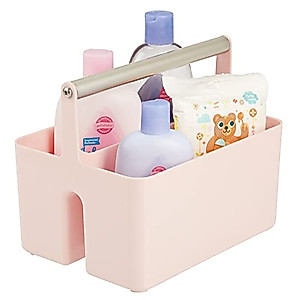 mDesign Plastic Shower Caddy Storage Organizer Utility Tote, Divided Basket Bin - Metal Handle for Bathroom, Dorm, Kitchen, Holds Soap, Shampoo, Conditioner - Aura Collection - Light Pink/Satin