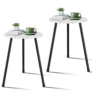 KINNARY Round Side Table Set of 2, Small Accent End Table for Living Room, Bedroom, Small Spaces, Height Adjustable Metal Legs, Nightstand Coffee Bedside Table for Office, Marble White