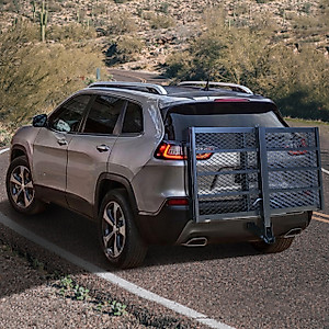 Mockins 500lb Cap. Folding Trailer Hitch Cargo Carrier Rack with Ramp |48"Lx28.5"Wx4.5"H Wheelchair Rack for Car |Heavy Duty Steel Mobility Scooter Carrier with Ramp | Wheelchair Carrier for Car Hitch