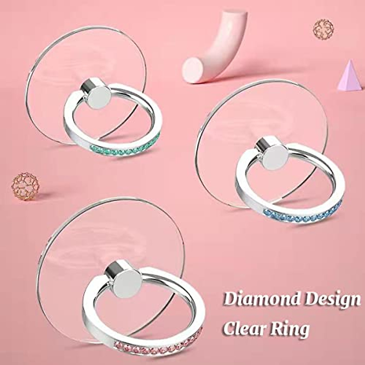 4 Pcs KutumyQC Cell Phone Ring Holder Stand Diamond Transparent Finger Grip Clear 360° Degree Rotation Kickstand Compatible iPhones and All Phones (Silver Pink Blue Aquamarine)