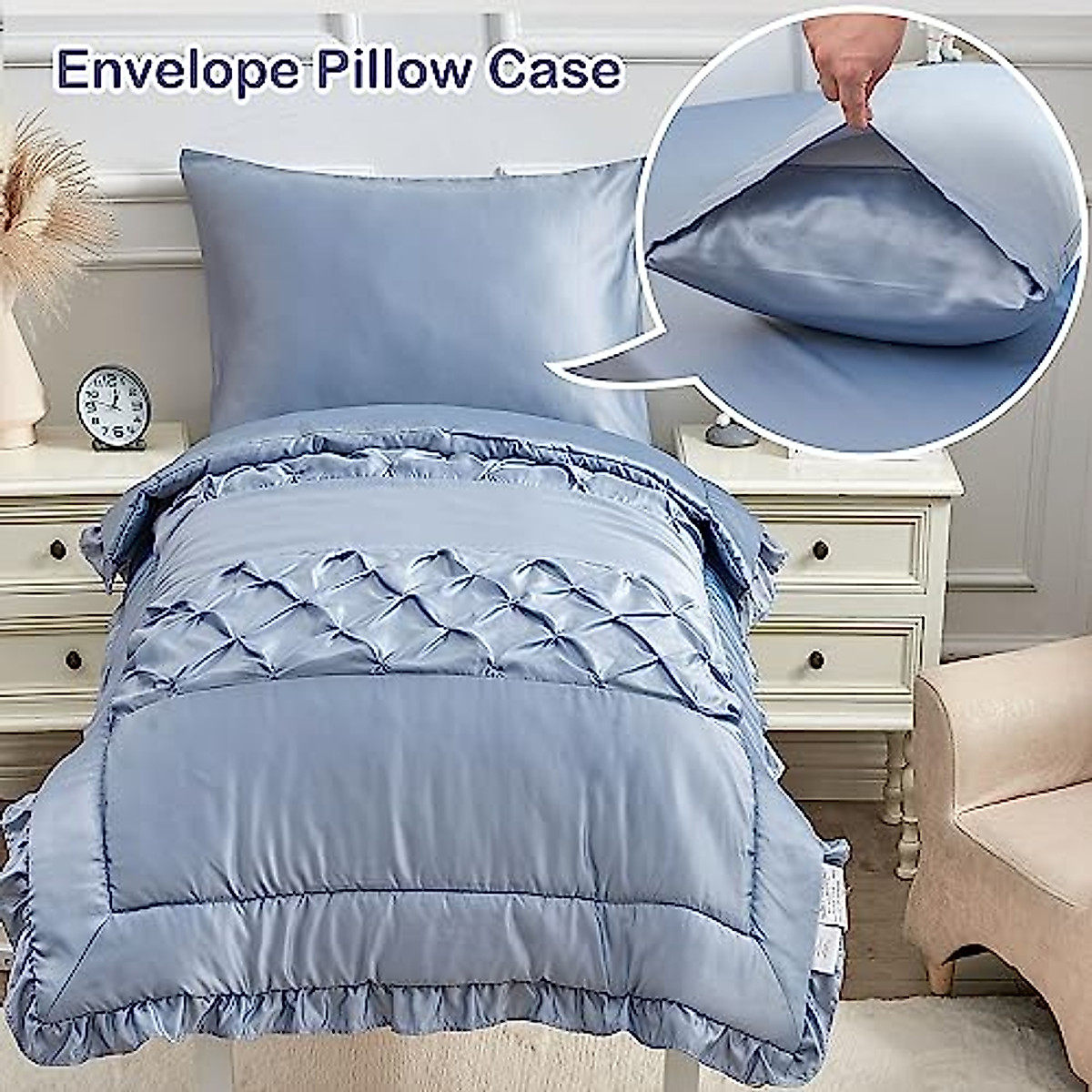 Toddler Bedding Set for Girls 4 Piece Pinch Pleated Grey Ruffle Fringe Pintuck Toddler Bed Comforter Set for Kids Bed-in-a-Bag Quilt Crib Sheet Set with Comforter,Flat Sheet,Fitted Sheet,Pillowcase