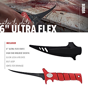 BUBBA 6 Inch Ultra Flex Tapered Fillet Knife with Non-Slip Grip Handle, 8Cr13MoV Stainless Steel Blade, Lanyard Hole and Synthetic Sheath for Fishing