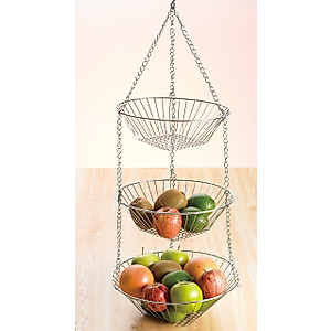 Creative Home Chrome Plated Iron Wire 3-Tier Hanging Basket Kitchen Accessory Storage Organizer, 11.8" Diam. x 31.5" H Hanging Size