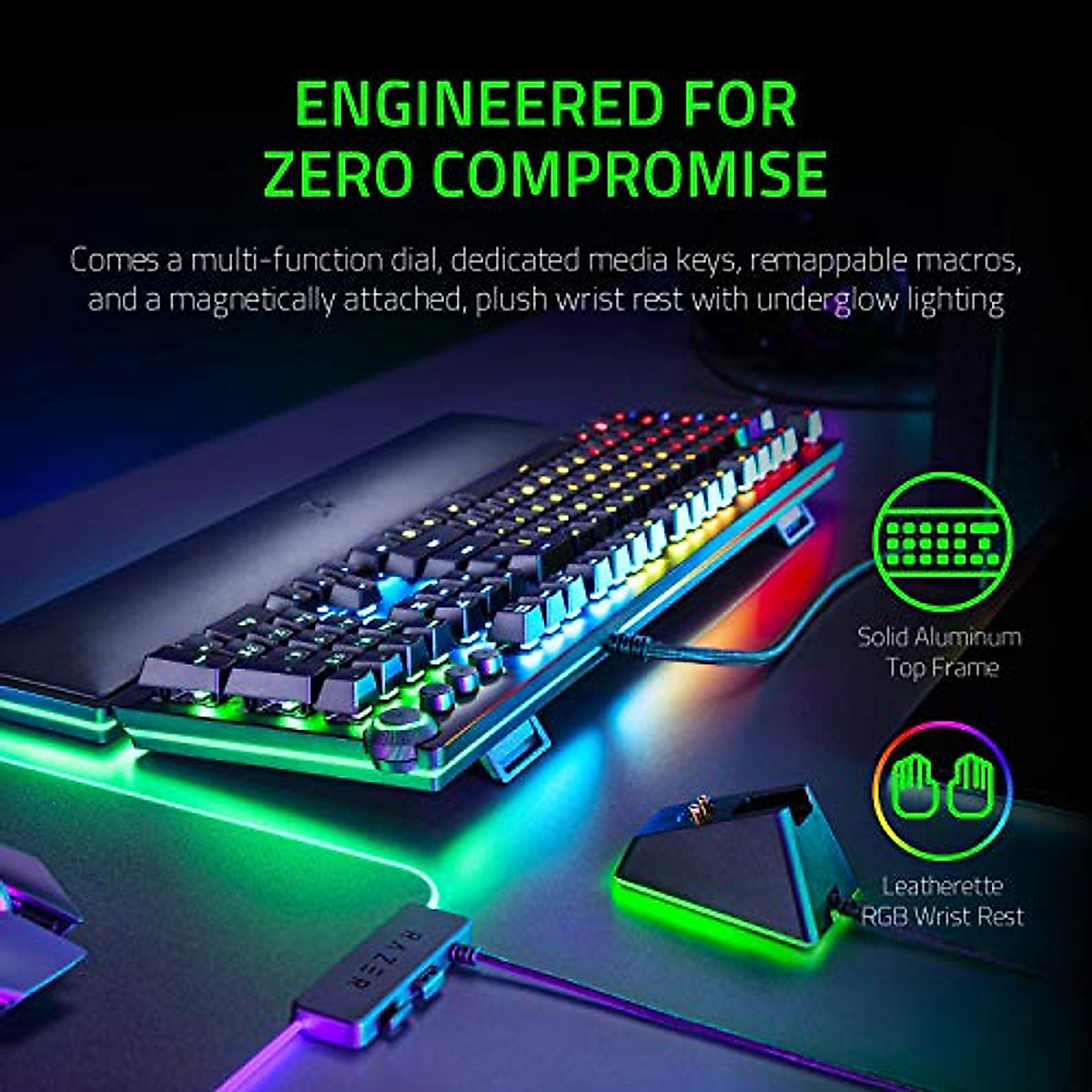 Razer Huntsman Elite Gaming Keyboard: Fast Keyboard Switches - Clicky Optical Switches - Chroma RGB Lighting - Magnetic Plush Wrist Rest - Dedicated Media Keys & Dial - Classic Black