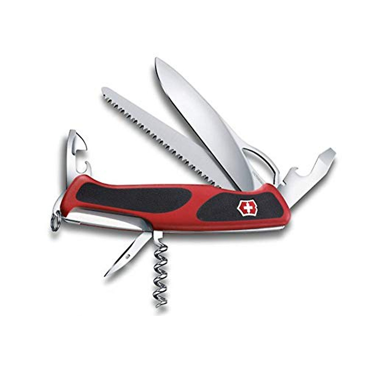 Victorinox Ranger 79 M Grip Swiss Army Knife, 12 Functions, Swiss Made Pocket Knife with Wood Saw, Large Lock Blade and Toothpick - Red/Black