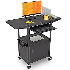 Line Leader AV Cart with Locking Cabinet and Drop Leaves | Height Adjustable Utility Cart with Extra Storage | Power Strip and Cord Management | Great for Presentations (Black / 46 x 18)