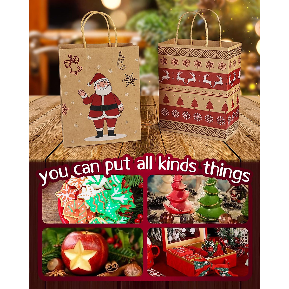 24-Pack Christmas Gift Bags, 6 Designs Christmas Kraft Paper Bags, 8.26x5.9x3.14 Inches with Handles Xmas Gift Bags, Suitable for Holiday Kraft Paper Gift Bags, Christmas Gift Bags, Party Gift Bags