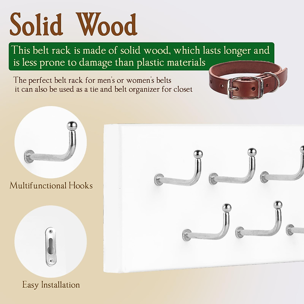 Treehouse Belt Organizer Rack, Holds Over 28 Large Belts, Sturdy Metal & Solid Wood Storage Holder for Closet, Versatile, Wall Mounted Belt & Tie Display Hanger for Bedroom - (White) 16''L x4.25''H