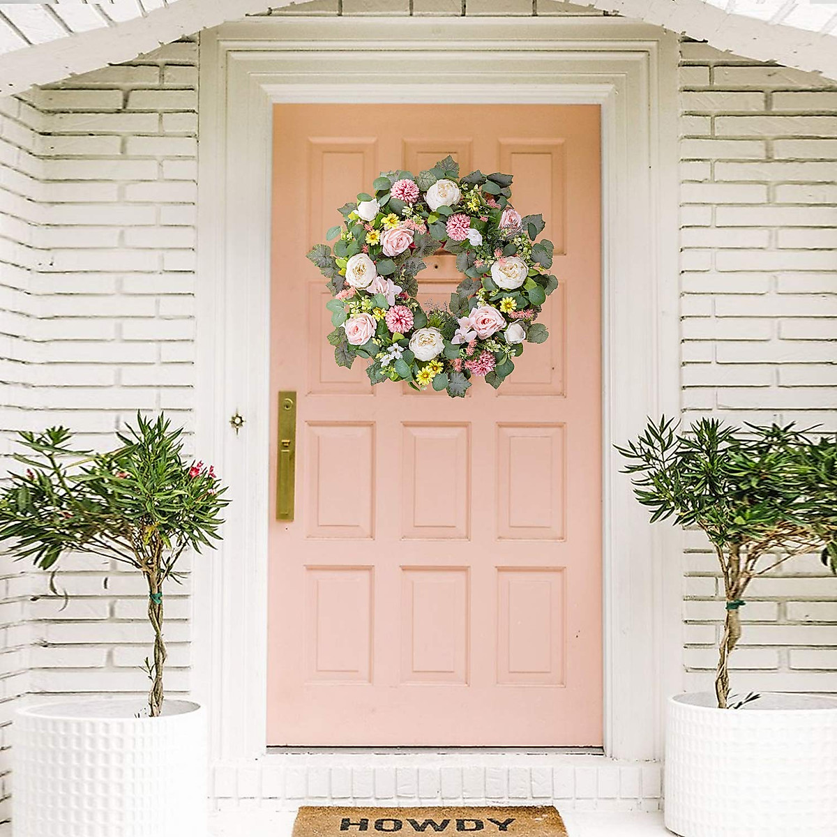 WANNA-CUL 24 Inch Large Spring Peony Flower Wreath for Front Door for Wedding,Pink Rose Floral Door Wreath with Rustic Grapevine Leaves,Bolocephalus Saussureoides for Wall