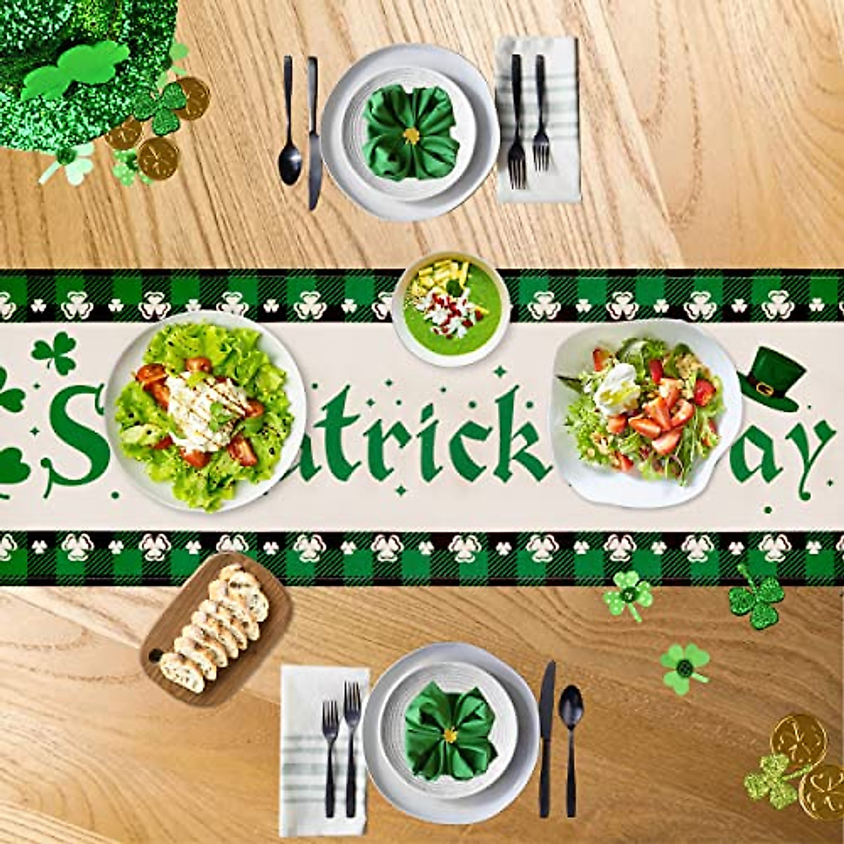 St Patricks Day Table Runner Lucky Clover Shamrocks Table Runners 72 Inches Long, Buffalo Plaid Gnome Burlap Holiday Kitchen Dining Table Decor for Home Party (Gnome Table Runner, 13" x 72")
