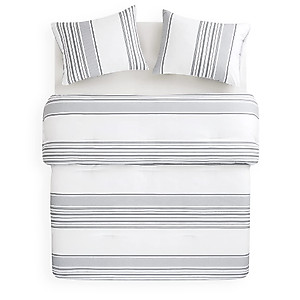 Wake In Cloud - Grey and White Comforter Set King Size, 3 Pieces Lightweight Bedding for Men and Women, Gray Neutral Farmhouse Aesthetic Stripes Striped
