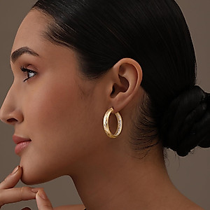 LeCalla Sterling Silver Jewelry 14K Gold-Plated Diamond-Cut Hoop Earring for Women 30MM