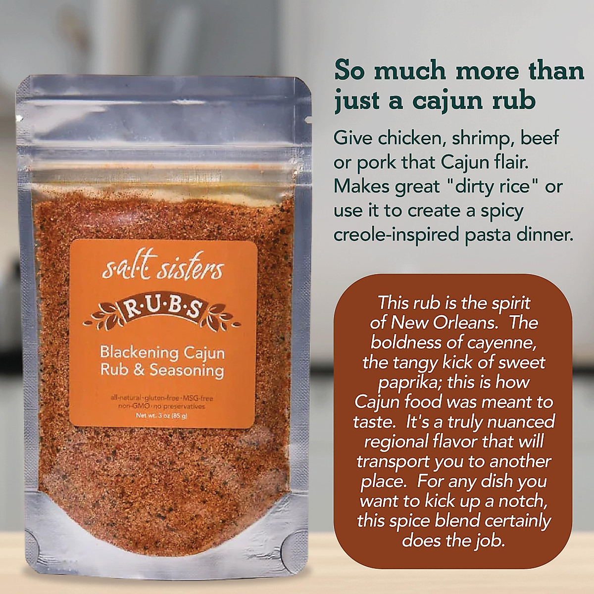 s.a.l.t. sisters Blackened Cajun Rub & Seasoning - Dry Barbecue Rub & Wet Rub Seasoning Base - Herb & Spice Blend Perfect for Chicken Wings, Brisket, Pulled Pork - Non-GMO - No Cumin - 16 oz / 1 lb