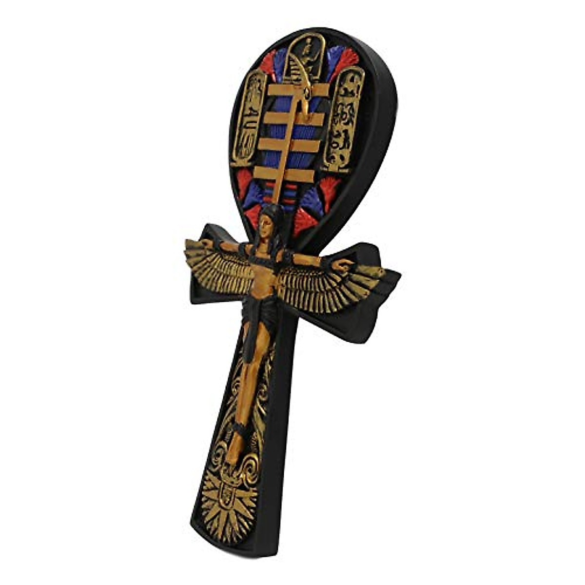 Ebros Crux Ansata Egyptian Ankh Of Isis With Open Wings And Cartouche Hieroglyphs Wall Decor Accent 3D Plaque Figurine 7.5" High Symbol of Life And Balance Gods Of Egypt (Colorful Black And Gold)