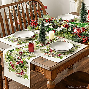 Artoid Mode Watercolor Holly Christmas Placemats Set of 6, 12x18 Inch Seasonal Winter Xmas Holiday Table Mats for Party Kitchen Dining Decoration