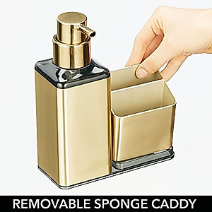 mDesign Modern Aluminum Kitchen Sink Countertop Liquid Hand Soap Dispenser Pump Bottle Caddy with Storage Compartments - Holds and Stores Sponges, Scrubbers and Brushes - Soft Brass Finish