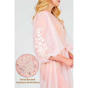 HHQ Women's Lace Long Robe Tulle Bridal Nightgown Sexy Sheer Boudoir Nightwear Long Sleeve Ladies Lingerie Maxi Dress(Pink,L)