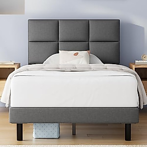 Molblly Twin Bed Frame with Upholstered Headboard, Strong Frame and Wooden Slats Support, Non-Slip and Noise-Free, No Box Spring Needed, Easy Assembly, Dark Grey