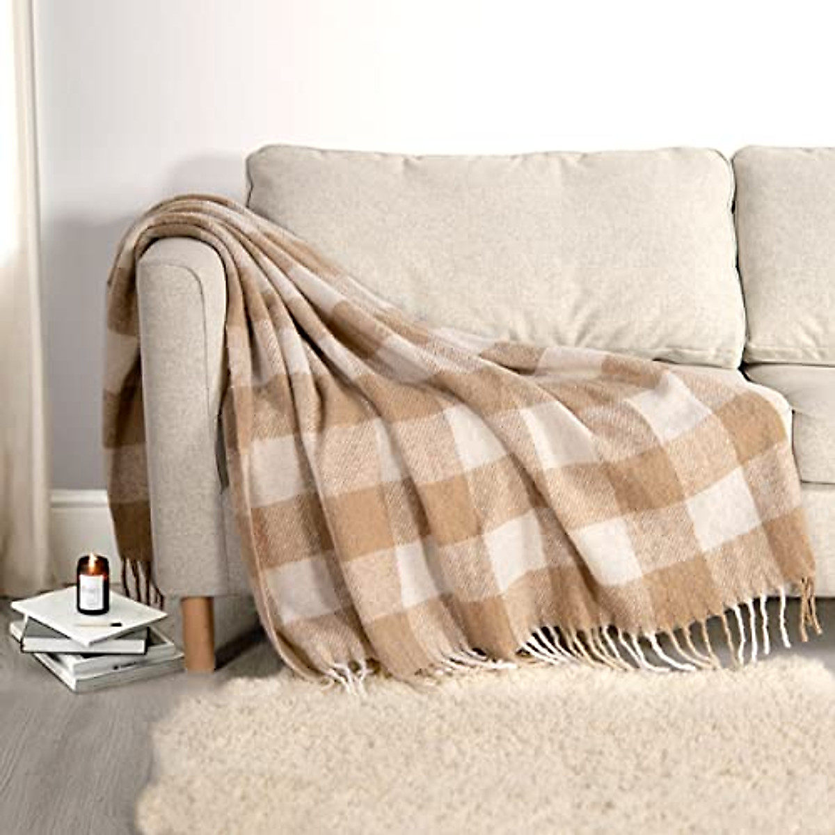 Carriediosa Buffalo Beige Throw Blankets with Tassel, Plaid Lightweight Soft Cozy Blanket for Couch Bed Sofa Chair, Woven Checkered Farmhouse Blankets (Beige Plaid 50" x 60")