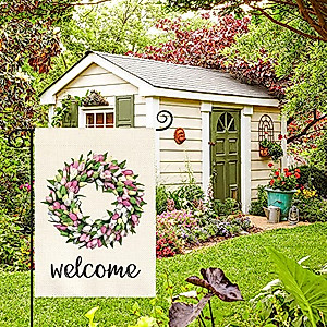 AVOIN colorlife Welcome Tulips and Lily Wreath Garden Flag Double Sided, Seasonal Spring Easter Mother's Day Yard Outdoor Flag 12 x 18 Inch