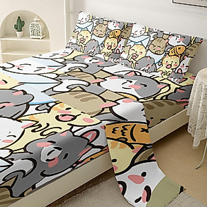 QOOMO Kawaii Cat Sheet Set,Cats Kids Bed Sheets,Cartoon Animals Printed 16" Deep Pocket Bed Sheet Set for Girls/Kids/Teens，4 Piece Sheet Set, 1 Fitted Sheet,1 Flat Sheet and 2 Pillowcases，Twin Size