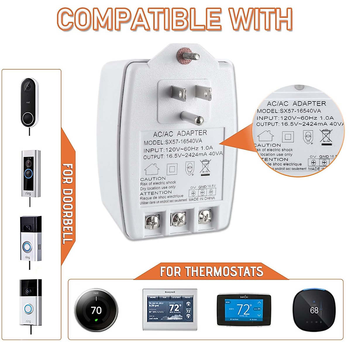 JAMHER 16.5 Volt Doorbell Transformer 16.5VAC 40VA 2424mA Plug in Transformer with PTC Fuse Compatible with Nest Ecobee Sensi and Honeywell Thermostat and All Versions of Ring Doorbell