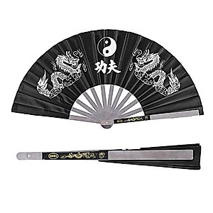 Folding Hand Fan, Stainless Steel Tai Chi Kung Fu Fan/Karate Fans/Chinese Kung Fu Fighting Fans/Wushu Fan for Performance Dance (Black)