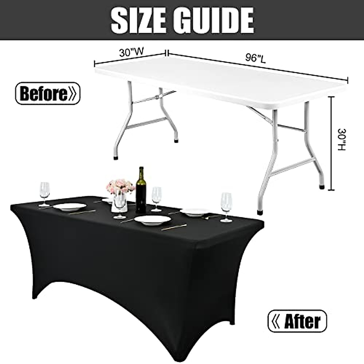 Yastouay 8ft Stretch Table Cloth Spandex Table Cover Tight Fitted for 8ft Rectangular Tables Black Washable Tablecloths for Party, Wedding, Banquet, Outdoor (Black, 8 Ft)