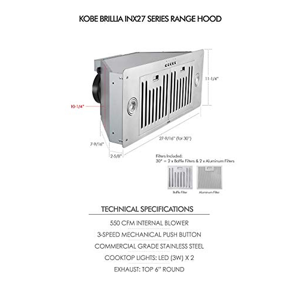 KOBE INX2730SQB-700-2 Brillia 30-inch Built-in/ Insert Range Hood, 3-Speed, 550 CFM, LED Lights, Baffle Filters, Stainless Steel