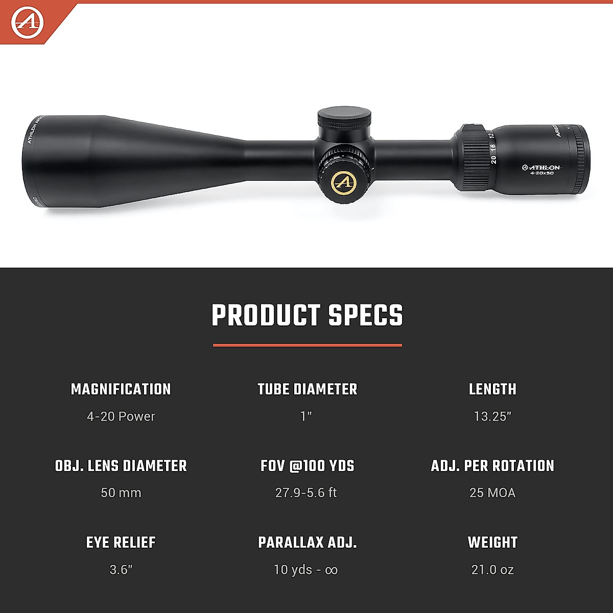 Athlon Optics Argos HMR 4-20x50 Riflescope - AHMC SFP IR MOA, Black