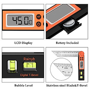 Digital Angle Finder Protractor 0-360 Degree T-Bevel Gauge & Protractor with Horizontal Vertical Bubble & Full LCD Display for Woodworking, Metalworking, Construction