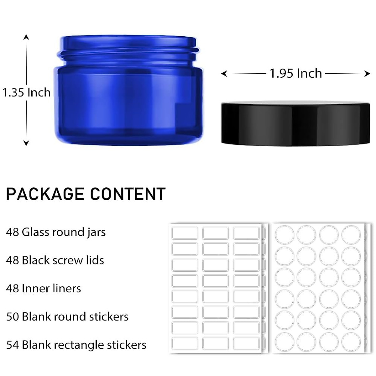 Bumobum 1 oz Blue Glass Jars with Lids, 48 pack Clear Small Jars with Black Lids, White Labels & Inner Liners, Empty Round Cosmetic Containers for Cream, Lotion