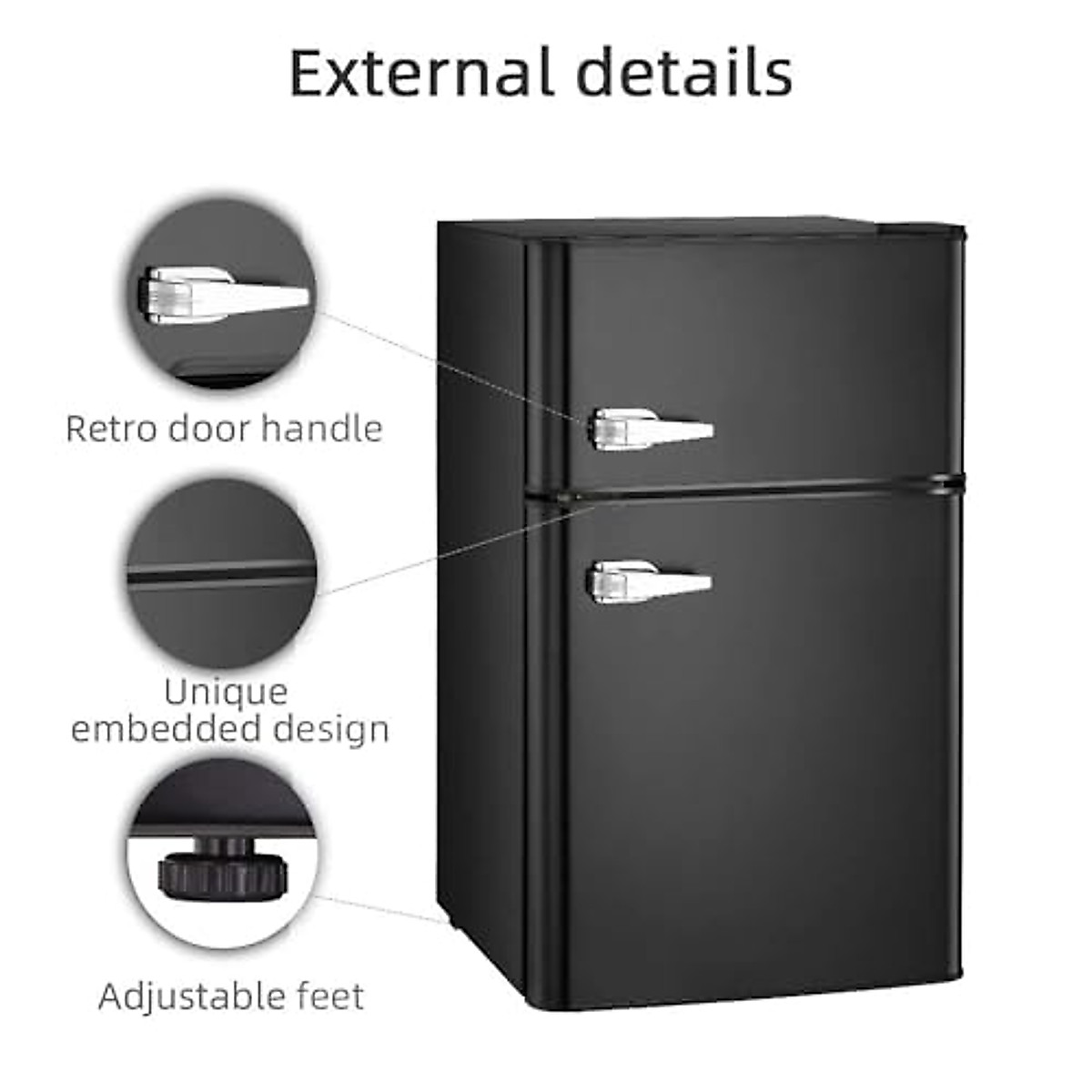 Joy Pebble Small fridge with freezer,3.2 cu.ft compact refrigerator with freezer,Mini Fridge for bedroom, Dorm or Apartment with Adjustable Removable Glass Shelves,Black