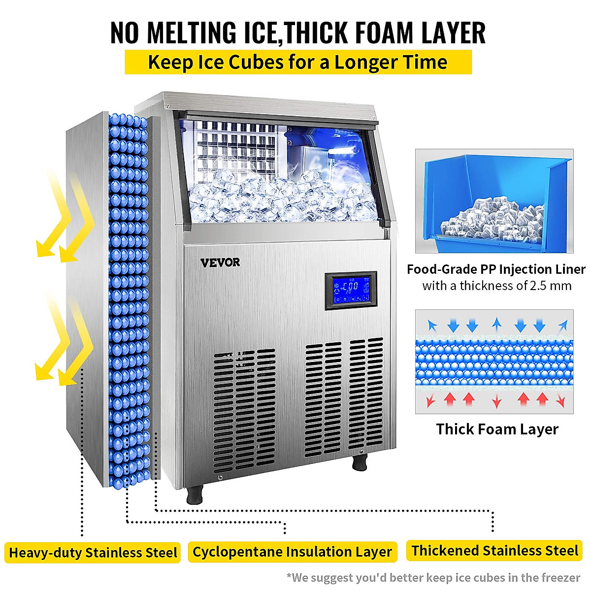 VEVOR Commercial Ice Maker Machine, 130LBS/24H with 33LBS Bin and Electric Water Drain Pump, Stainless Steel Construction, Auto Operation, Include Water Filter 2 Scoops and Connection Hose
