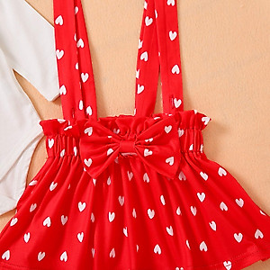 Baby Girls My First Valentine's Day Outfit Ruffles Long Sleeve Romper + Heart Suspenders Skirt Set(White, 6-9Months)