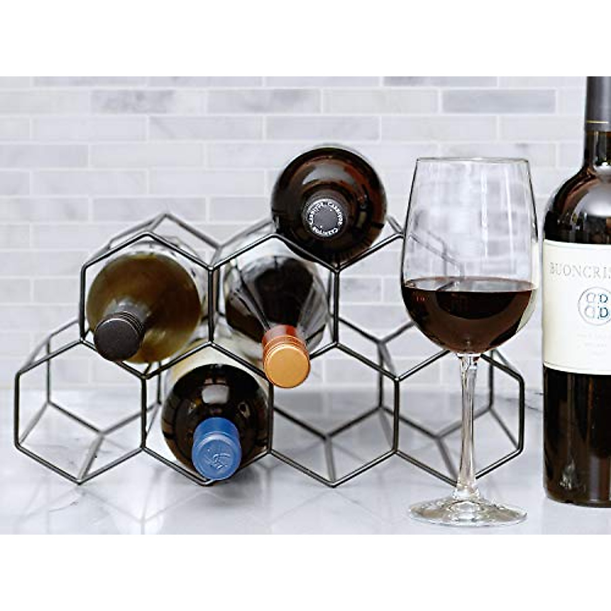 Countertop Wine Rack - 9 Bottle Wine Holder for Wine Storage - No Assembly Required - Modern Black Metal Wine Rack - Wine Racks Countertop - Small Wine Rack - Wine Bottle Storage - Tabletop Wine Rack