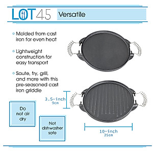 Lot45 Cast Iron Grill Pan, 10in - Cast Iron Grill Pans for Stove Tops, Grilling Cookware Dual-Sided Griddle for Camping