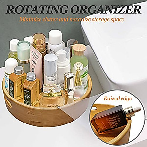 14 Inch Bamboo Lazy Susan Organizer, Wooden Turntable for Kitchen Countertop, Wood Rotating Tray Turn Table with Handle, Spinning Spice Rack for Cabinet Pantry Counter Top Organization
