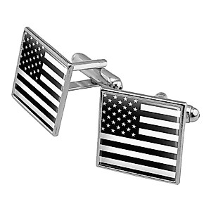 Subdued American USA Flag Black White Military Tactical Square Cufflink Set Silver Color