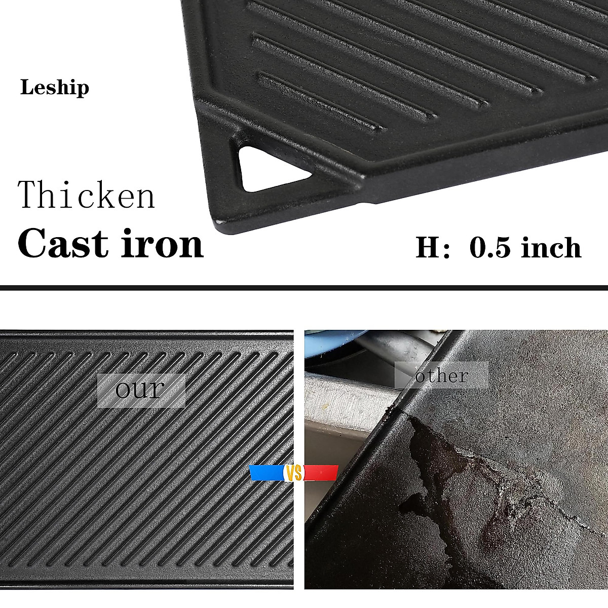 Leship Cast Iron Rectangular Reversible Griddle for Oven, Stove Tops, Grill and Others, 16.5'' x 9.5'' Double-sided Griddle Plate