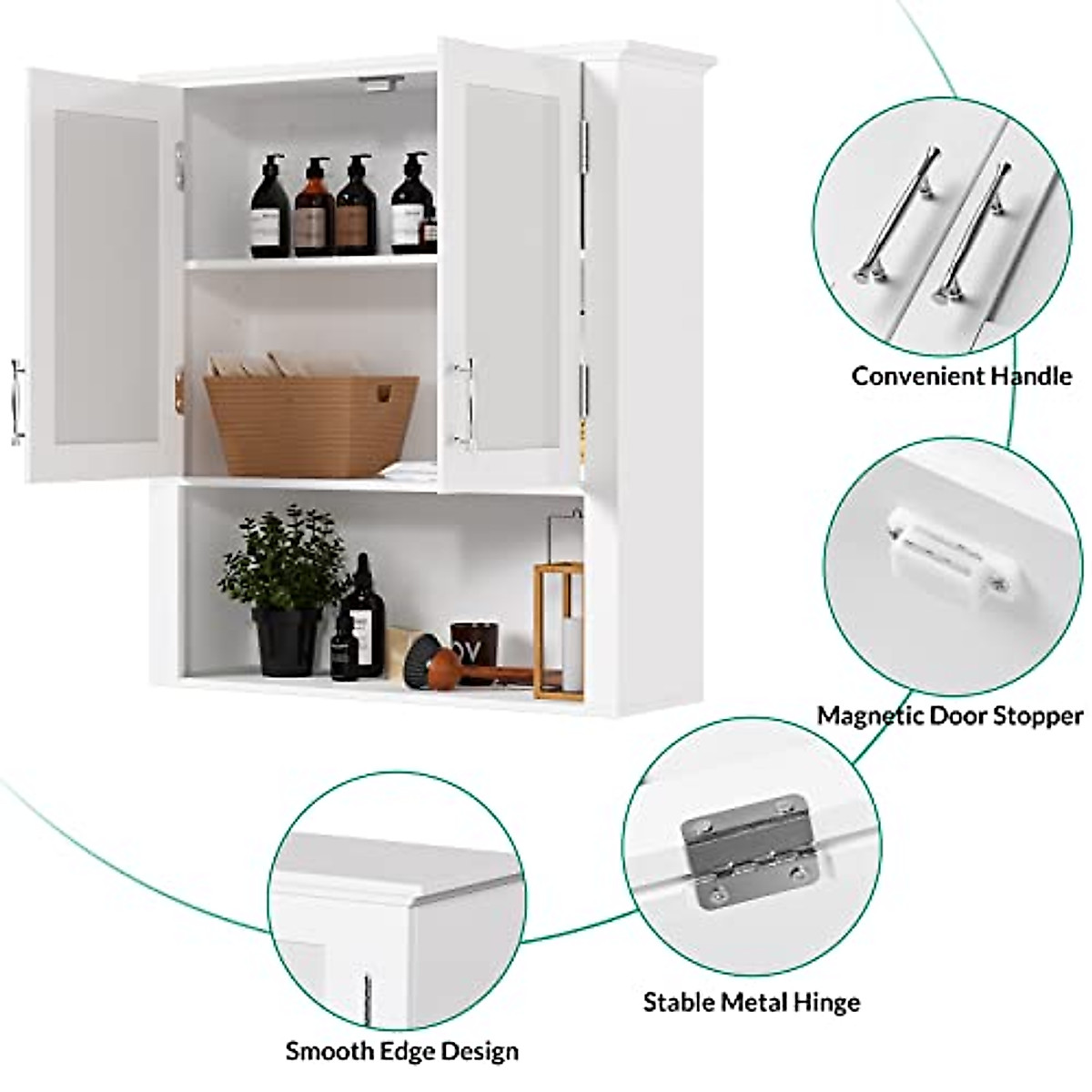 VIVIJASON Wall Mounted Bathroom Cabinet, Over The Toilet Space Saver Storage Cabinet, Medicine Wall Cabinet Storage Organizer, Cottage Collection Wall Cabinet with 2 Doors & Adjustable Shelf (White)