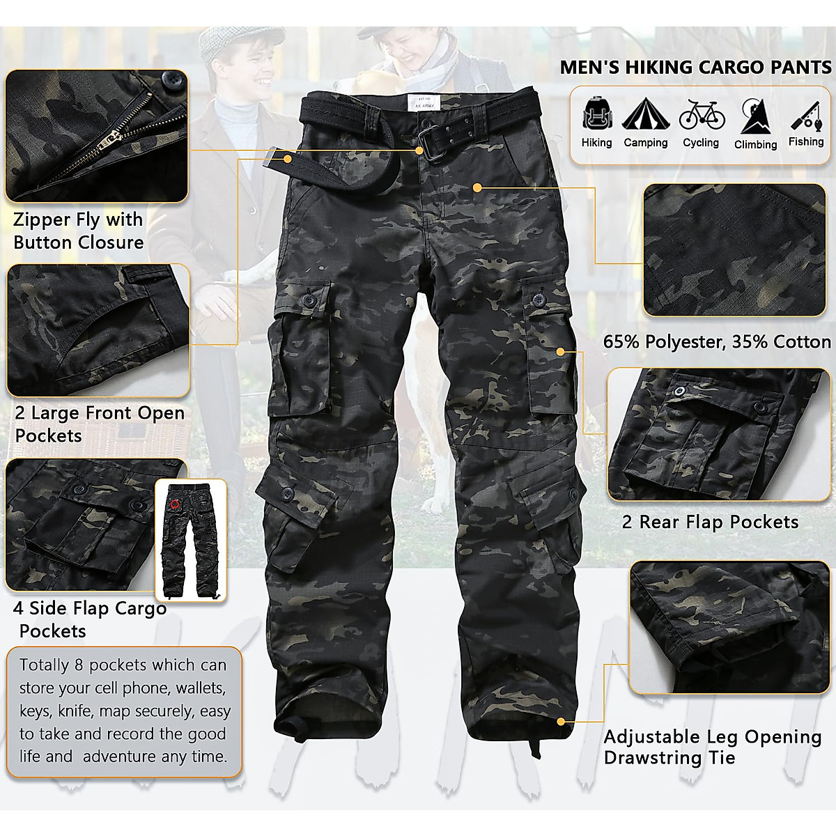 TRGPSG Men's Ripstop Wild Cargo Pants Multi-Pocket Military Army Camo Casual Work Combat Trousers 5335 Dark Camo 36