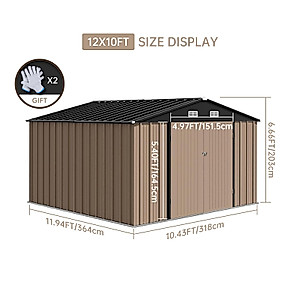 Zstar 12x10 FT Metal Outdoor Storage Shed, Steel Utility Tool Shed Storage House with Lockable Door Design, Metal Sheds Outdoor Storage for Garden, Patio, Backyard, Outside Use, Brown