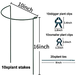 10pack Garden Plant Support Stake 10" Wide x 16" High Half Round Metal Garden Plant Support Ring Border Support, Plant Support Ring Cage for RoseFlowers Vine Tomato with 20pack Plant Clips &Plant Ties