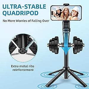 MACOO Selfie Stick Phone Tripod with Remote Upgrade Quadripod Design 40'' Extendable Rechargeable Bluetooth Control Mini Compact Lightweight for Travel Compatible iPhone Samsung All Cell Phone… Black