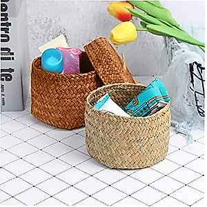 tJexePYK Mini Wicker Storage Baskets with Lid Natural Round Desktop Storage Basket Japanese Style Small Spun Wicker Basket Box