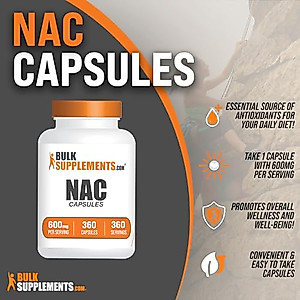 BULKSUPPLEMENTS.COM NAC 600 mg Capsules - N-Acetyle Cysteine 600mg, NAC Supplement, NAC 600mg - NAC Capsules, Gluten Free - 1 Capsule per Serving, 360-Day Supply, 360 Capsules