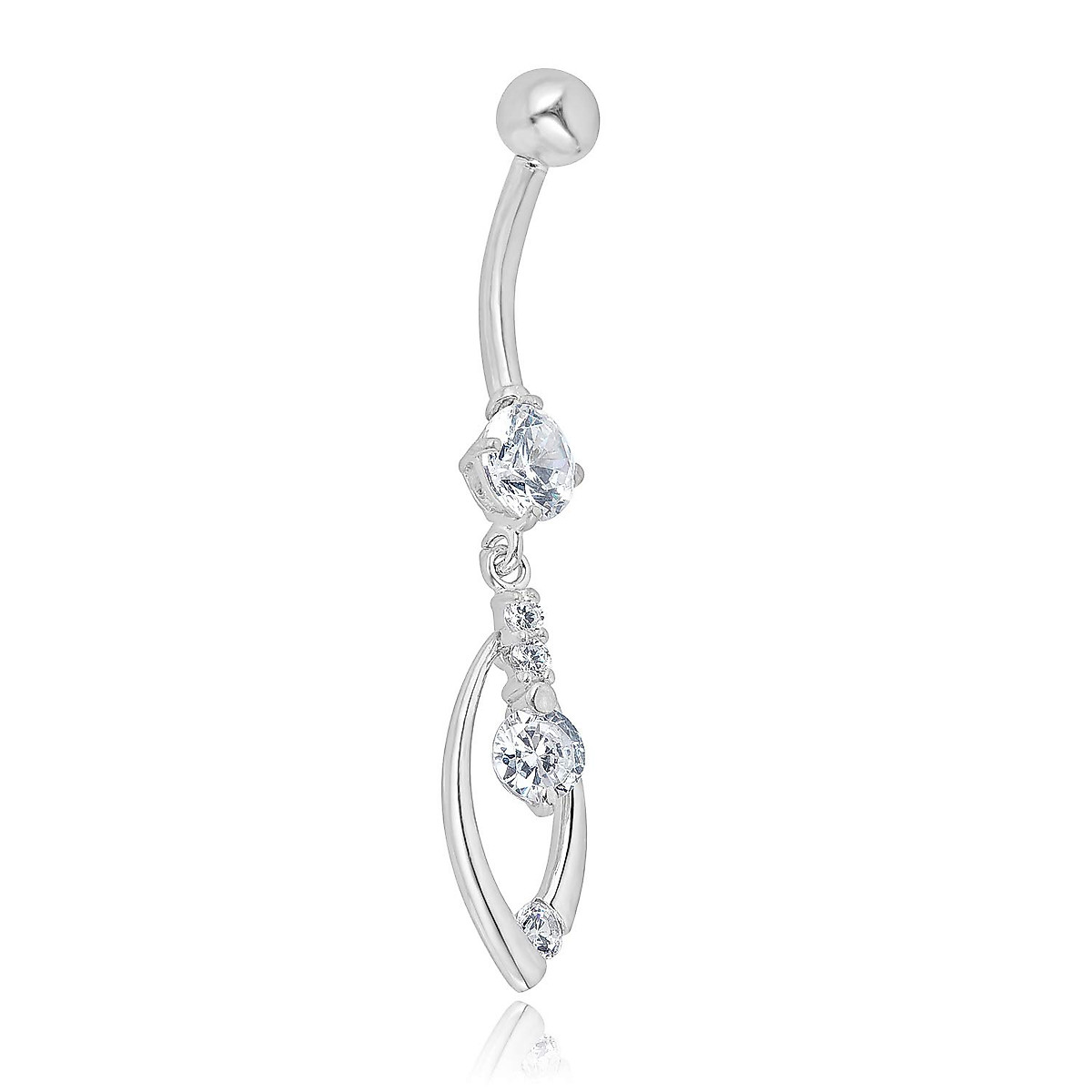 AVORA 10K White Gold Simulated Diamond CZ Dangling Fancy Teardrop Belly Button Ring Body Jewelry (14 Gauge)
