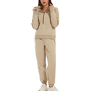 PEHMEA Women's 2 Piece Outfit Fleece Half Zip Sweatshirt and Joggers Pants Set Y2K Tracksuit Sweatsuit(LightKhaki-S)