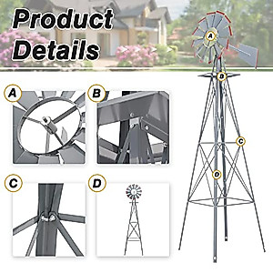 Crownland 8FT Ornamental Windmill Backyard Garden Decoration Weather Vane, Heavy Duty Metal Wind Mill Weather Resistant 4 Legs Design (Grey)